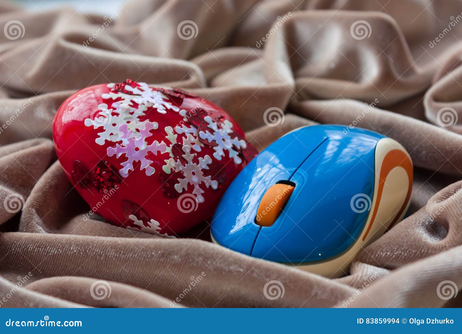 Red Heart and Blue Computer Mouse on a Beige Fabric. Valentine`s Stock ...