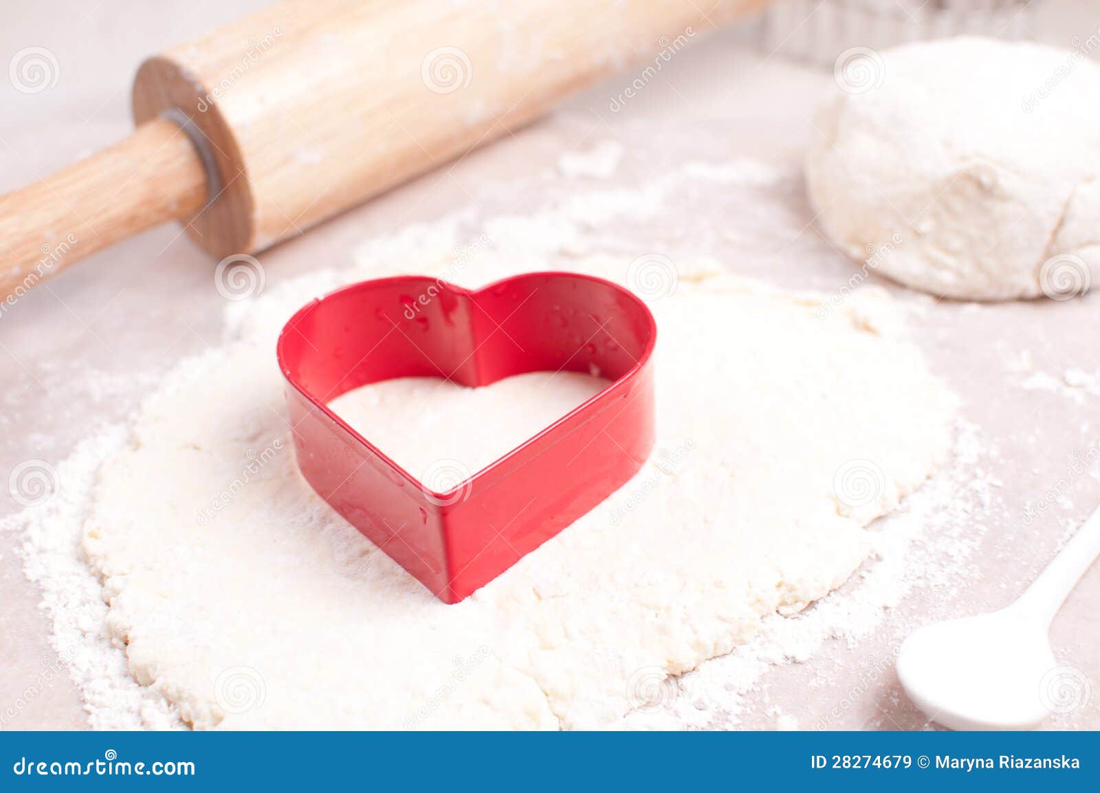 Red Heart Cookie Cutter and Rolling Pin Stock Image - Image of flour ...