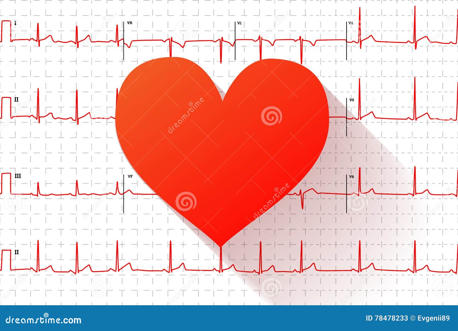 Red Heart Flat Icon on Typical Human Electrocardiogram Graph with Marks ...