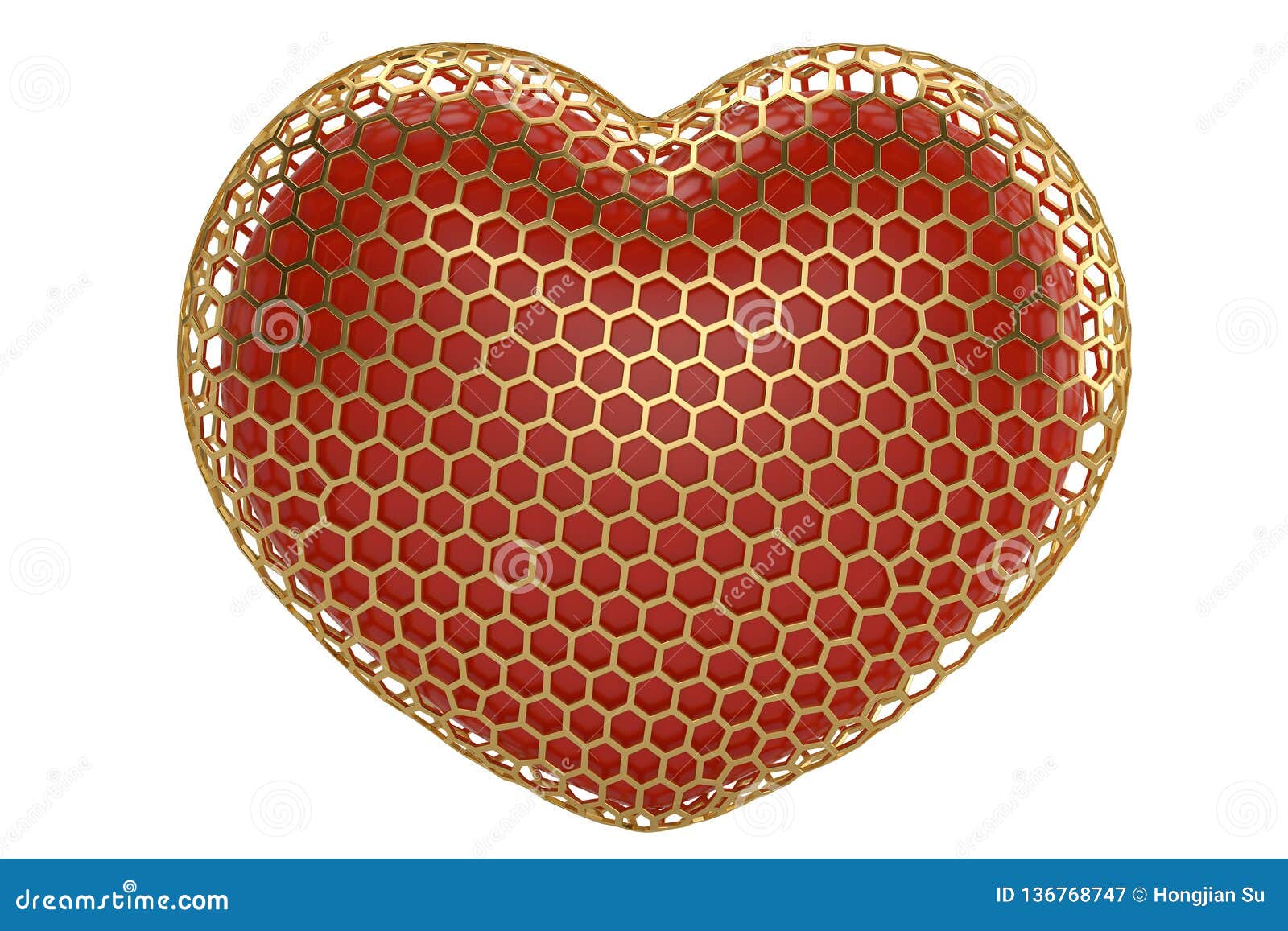Red Heart in Hexagonal Golden Mesh.3D Illustration Stock Illustration ...