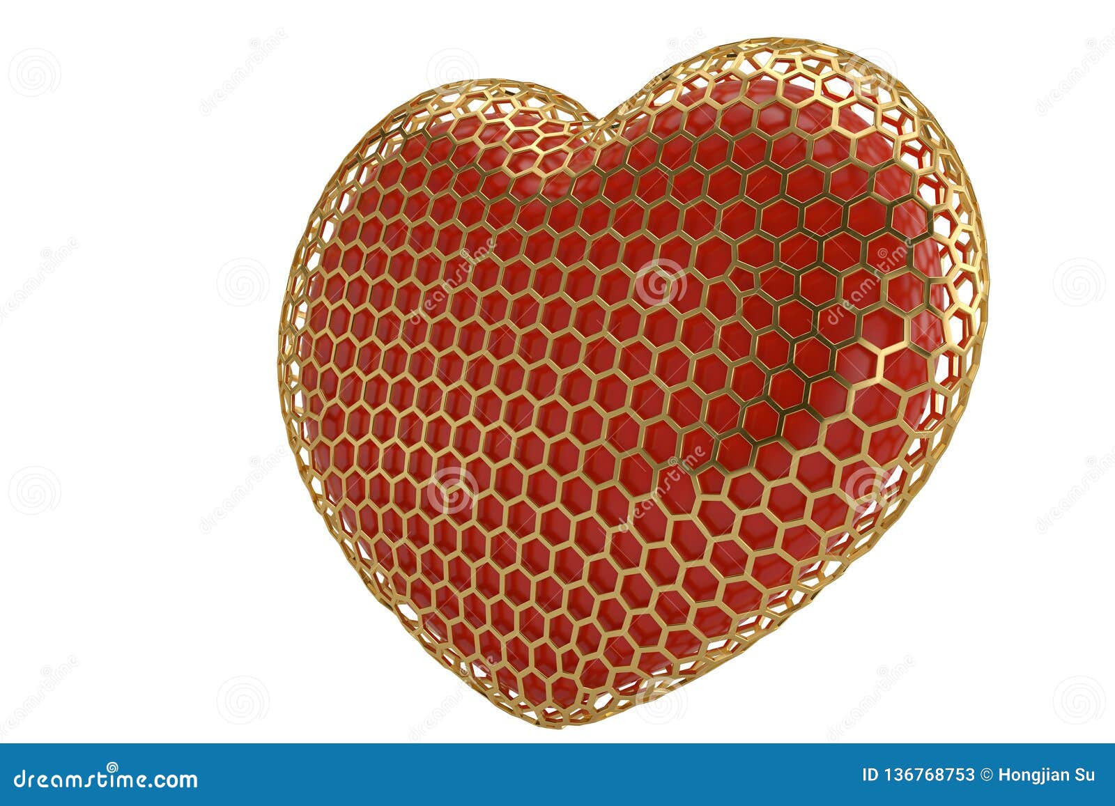 Red Heart in Hexagonal Golden Mesh.3D Illustration Stock Illustration ...