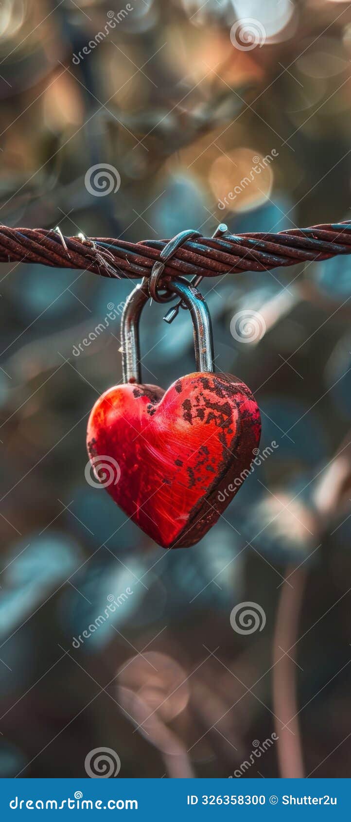 Red Heart Lock Clinging To A Cable Symbol Of Lasting Commitment Stock ...