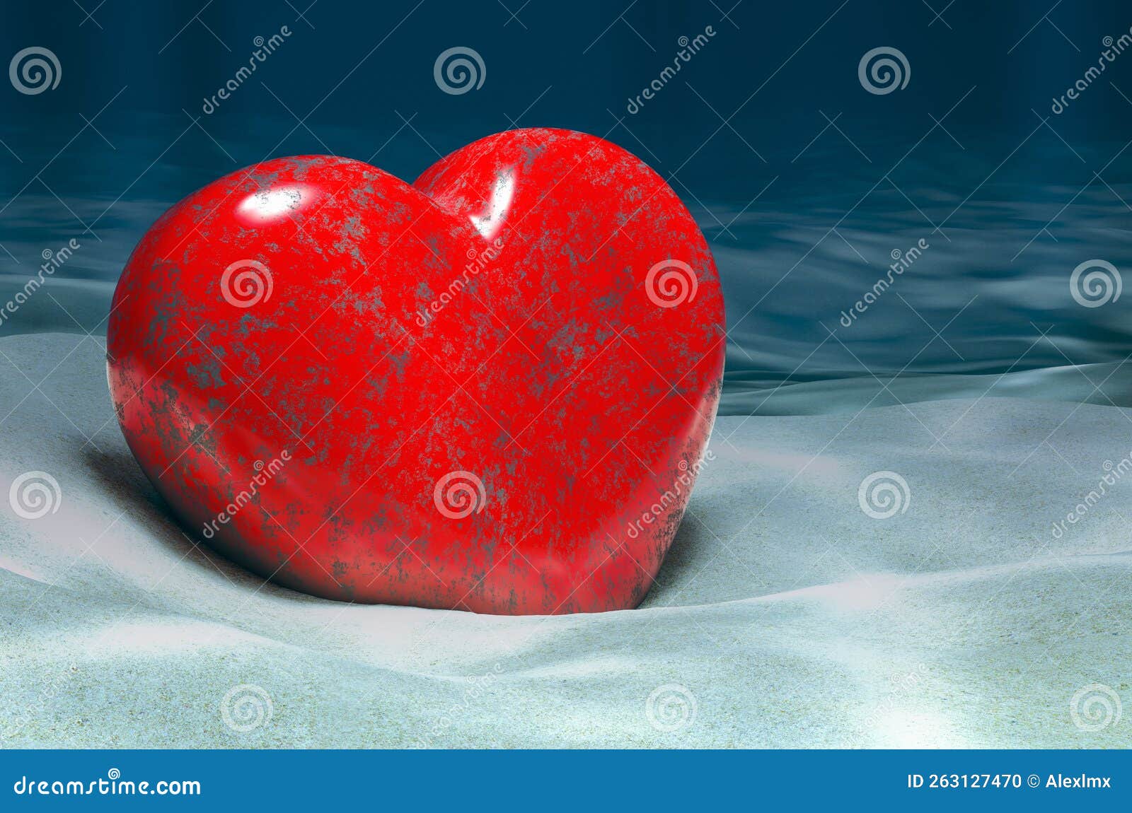 Red Heart on Ocean Bottom Underwater, 3D Rendering Stock Illustration ...