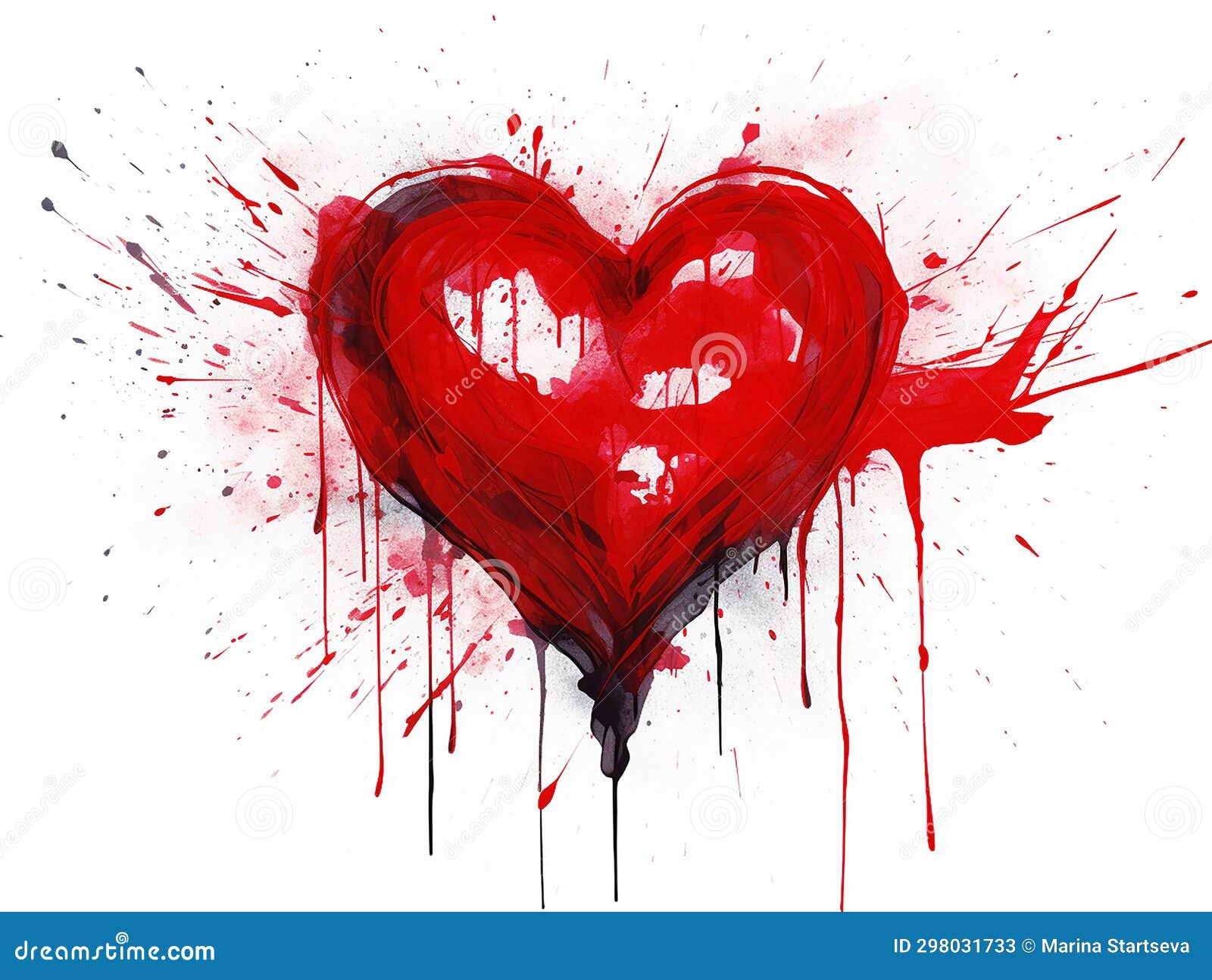 Red Heart, Painted with a Brush, with Splashes on a White Background ...