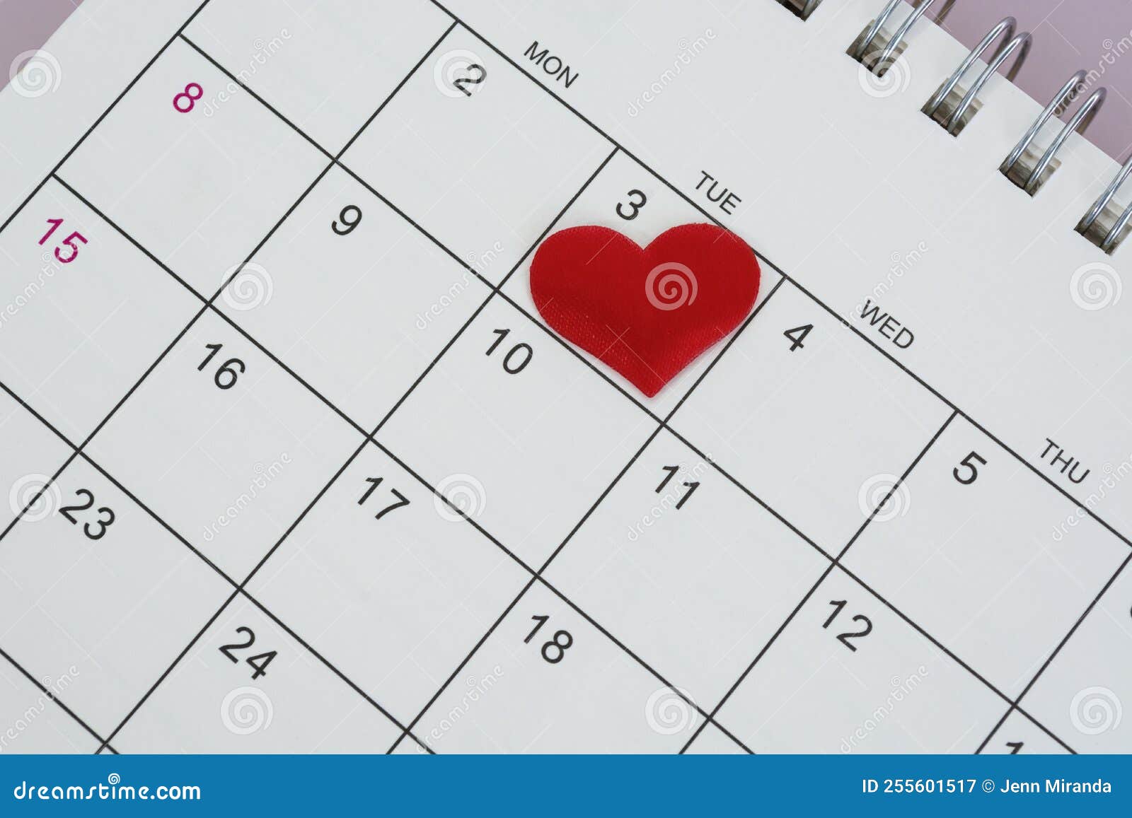 Red Heart Shape on the Date of the 3rd Day in the Calendar. Stock Image ...