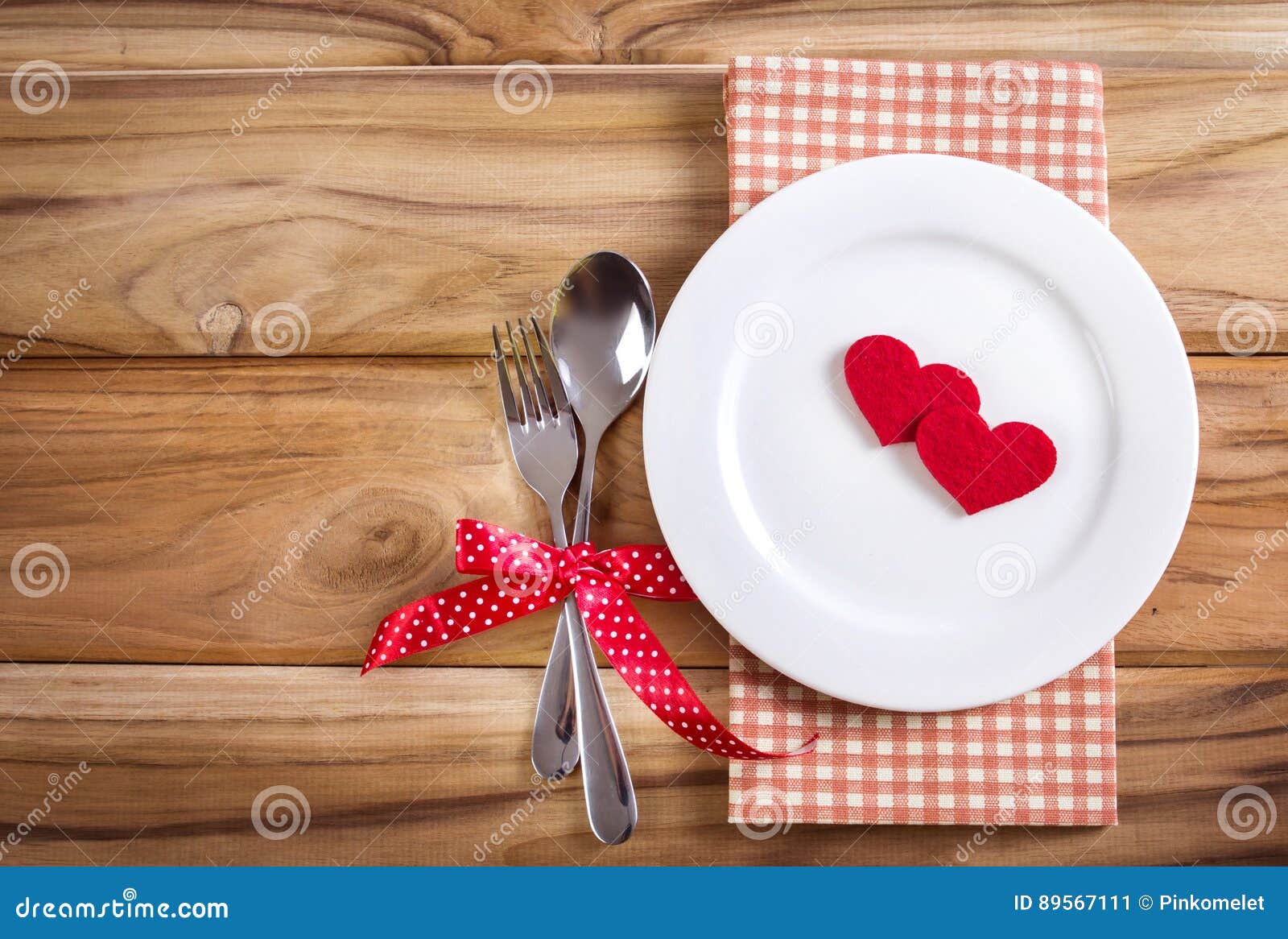 Red Heart Shape with White Empty Plate with Fork and Spoon on Wooden ...