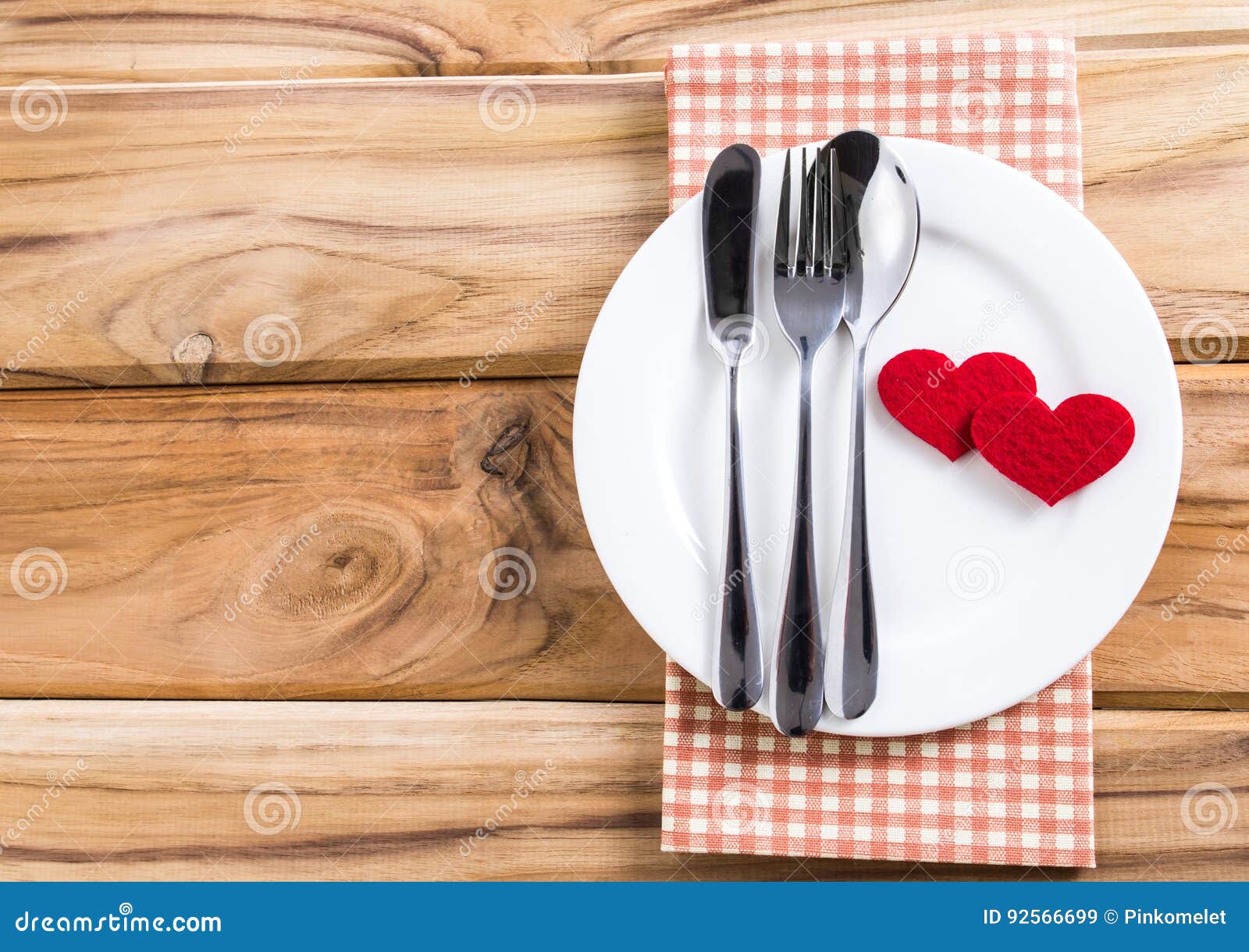 Red Heart Shape with White Empty Plate with Fork and Spoon on Wooden ...