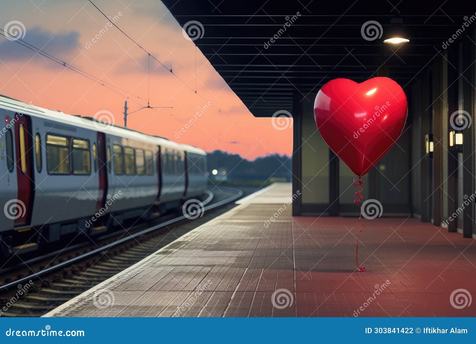 A Red Heart Shaped Balloon Perched on the Side of a Train, an Empty ...