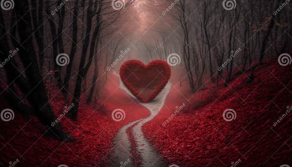 A Red Heart Shaped Path in the Middle of a Forest with Trees and a ...