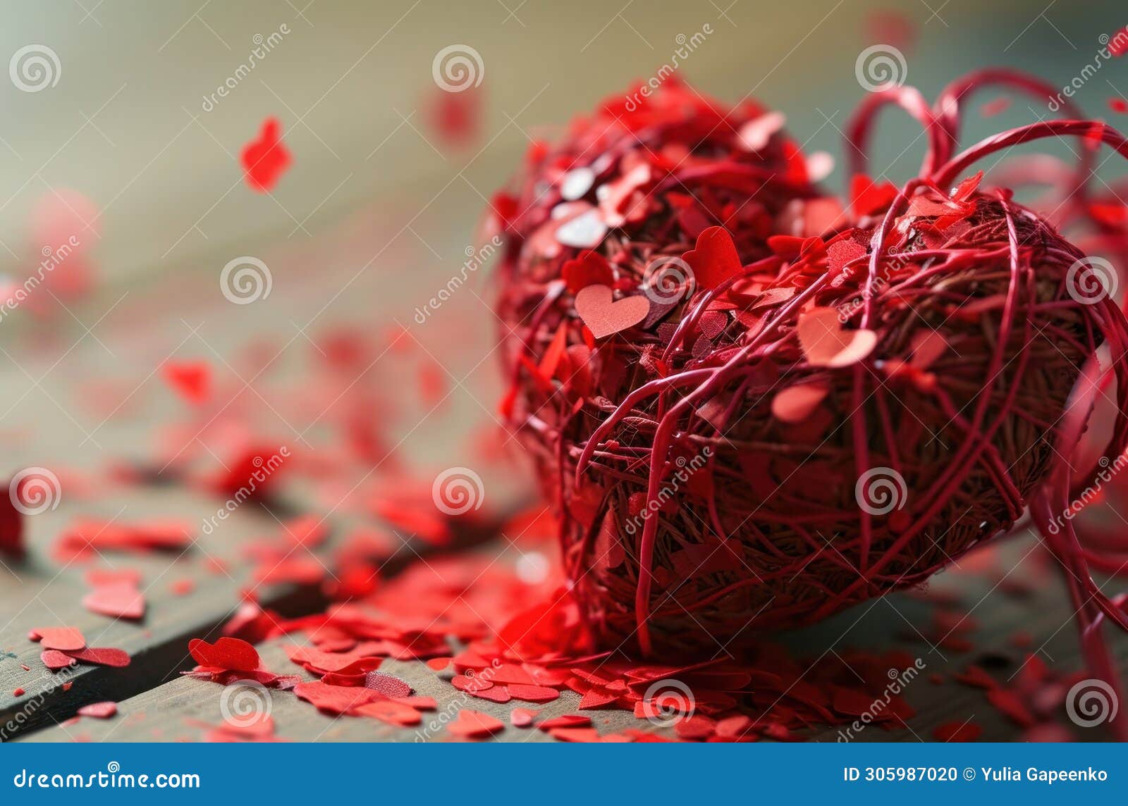 A Red Heart Shaped by String with Red Confetti Stock Photo - Image of ...