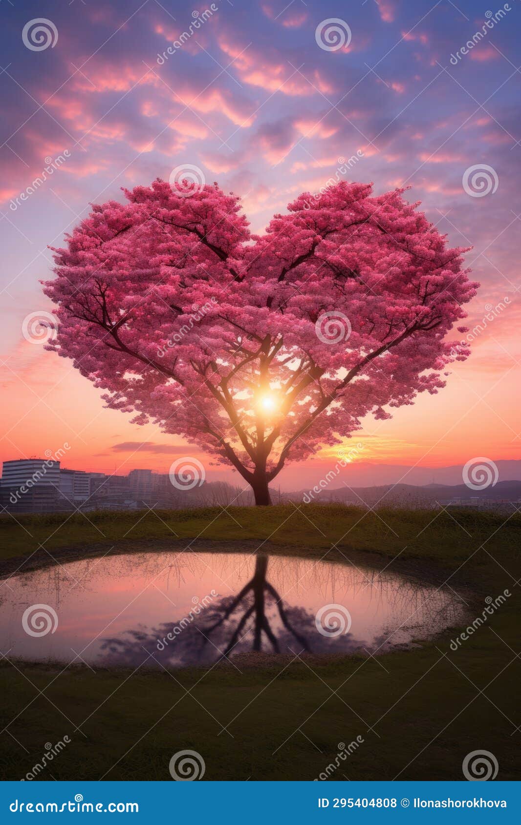 Red Heart Shaped Tree on Sunset. AI Generated Stock Photo - Image of ...