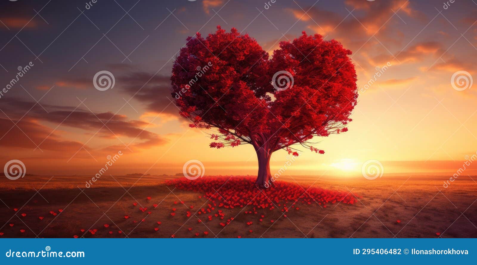 Red Heart Shaped Tree on Sunset. AI Generated Stock Photo - Image of ...