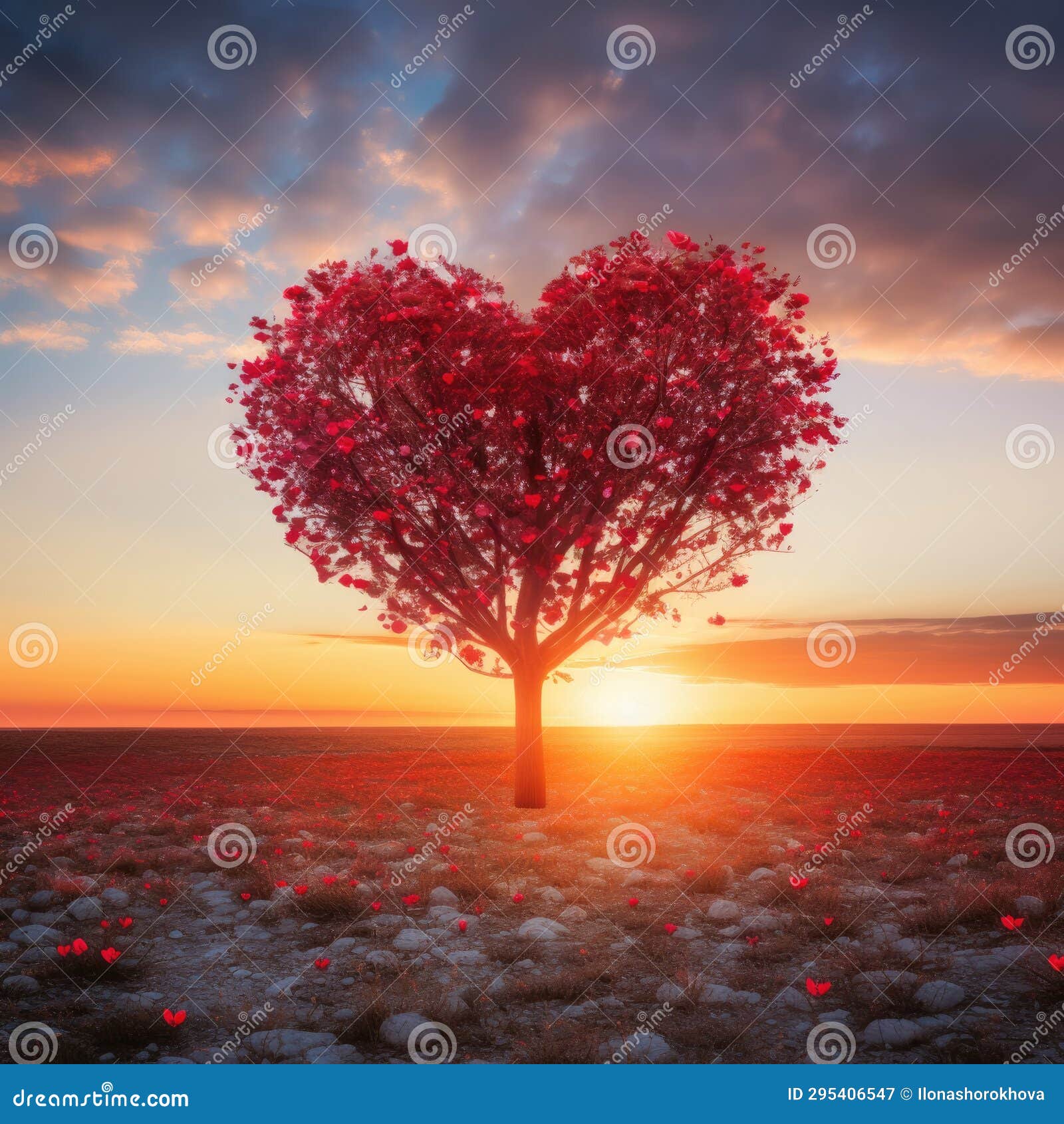 Red Heart Shaped Tree on Sunset. AI Generated Stock Image - Image of ...