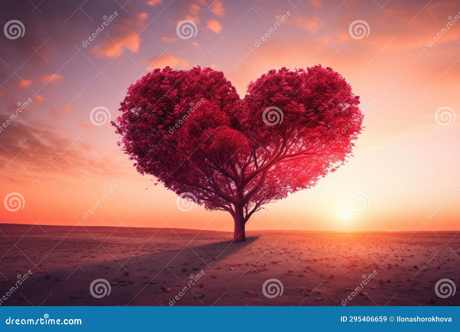 Red Heart Shaped Tree on Sunset. AI Generated Stock Image - Image of ...