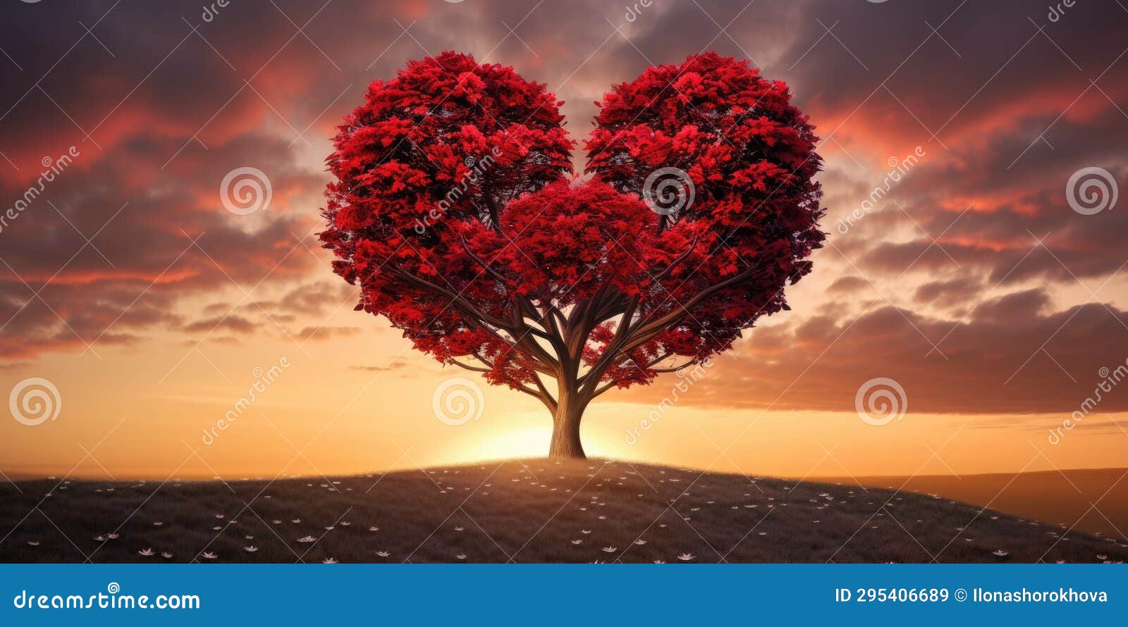Red Heart Shaped Tree on Sunset. AI Generated Stock Image - Image of ...