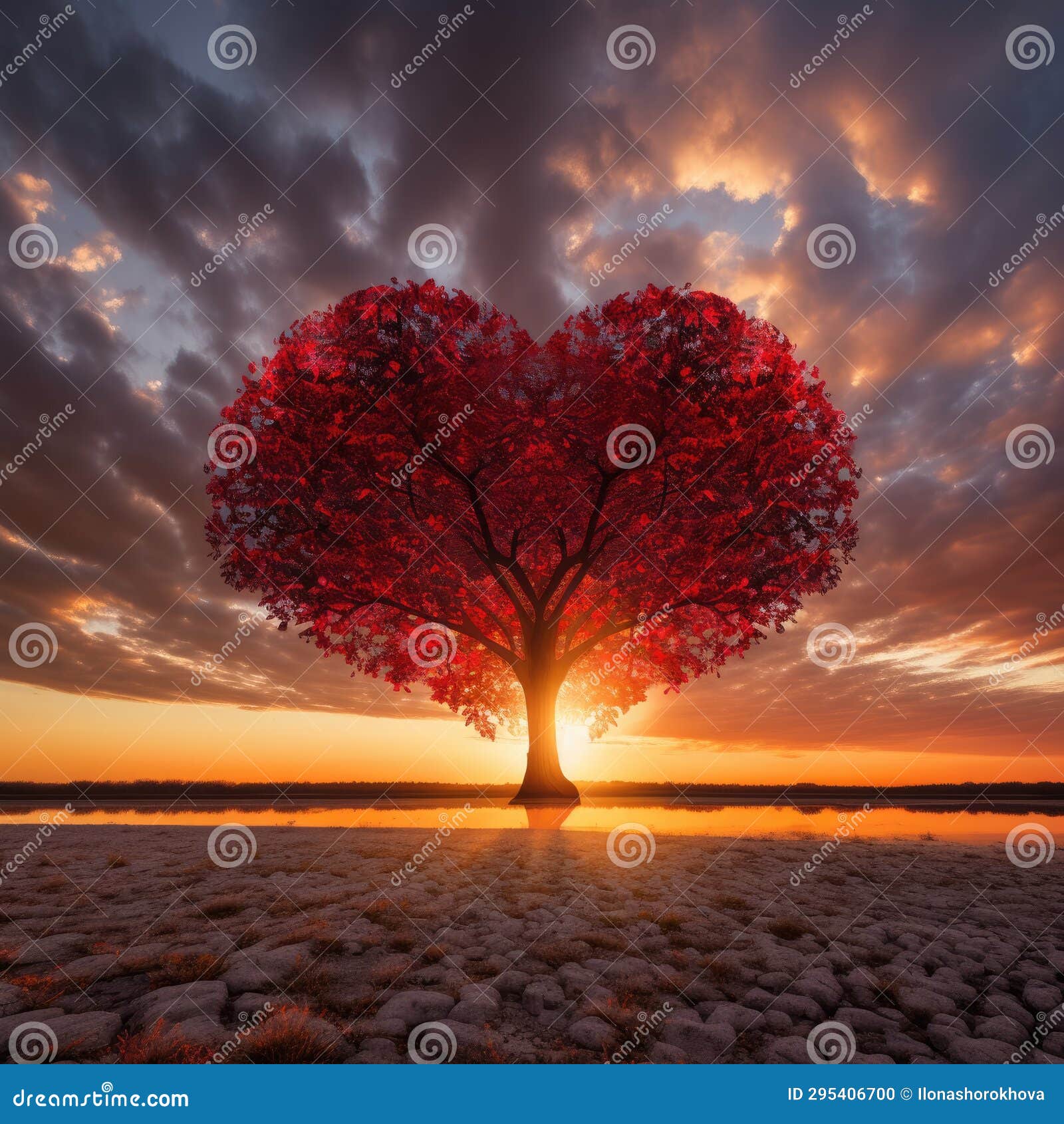 Red Heart Shaped Tree on Sunset. AI Generated Stock Photo - Image of ...