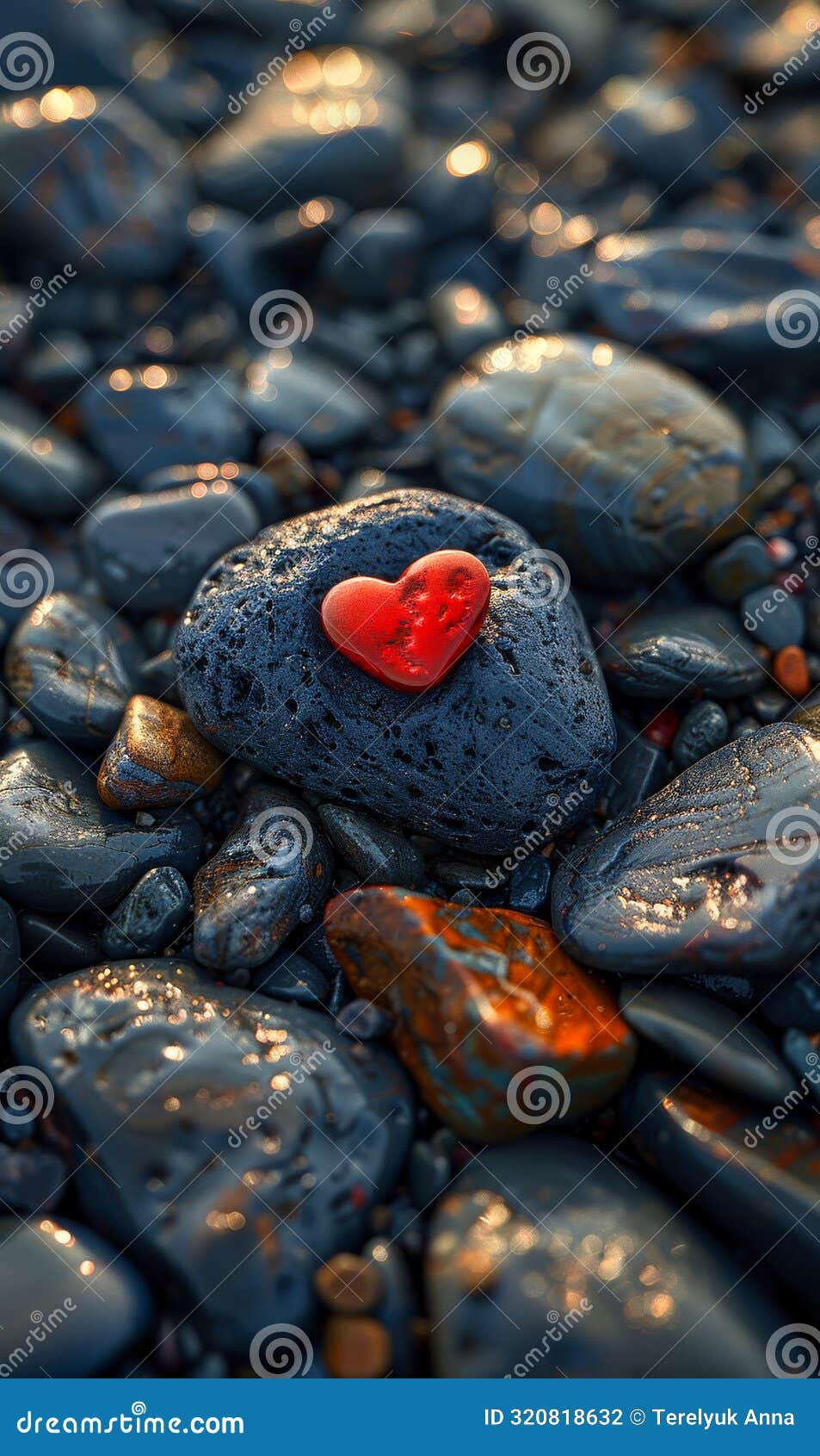 Red Heart on Stone. Black Pebbles with One Red Heart in the Middle ...