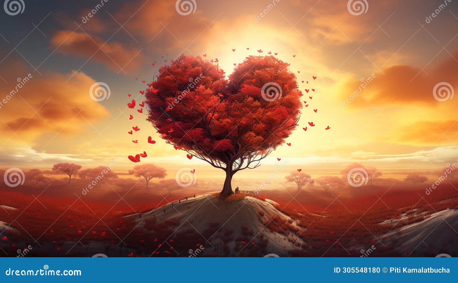 Red Heart Tree in the Middle of the Field, Stunning View of Trees and ...