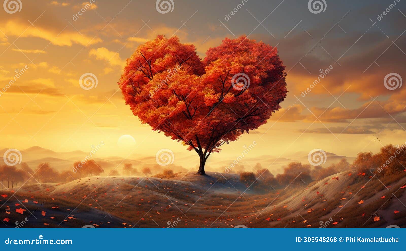 Red Heart Tree In The Middle Of The Field, Stunning View Of Trees And ...