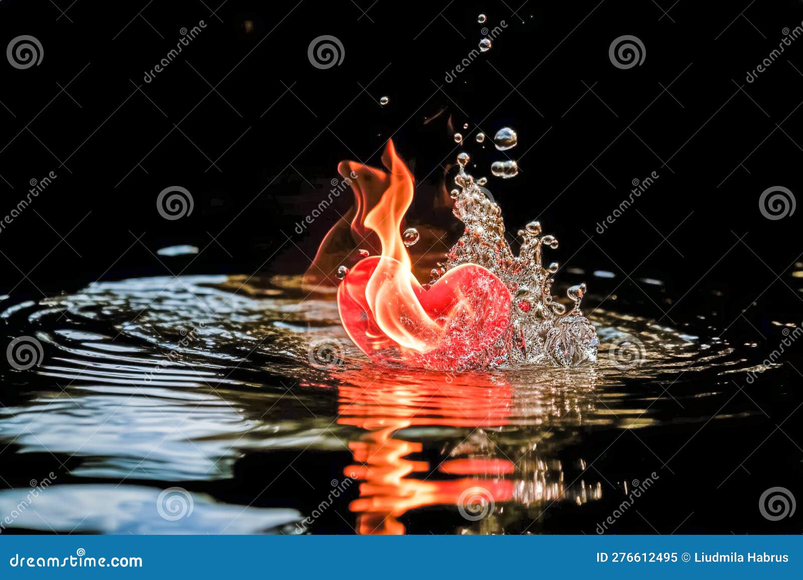 Red Heart in Water with Reflection on Black Background. Love Concept ...