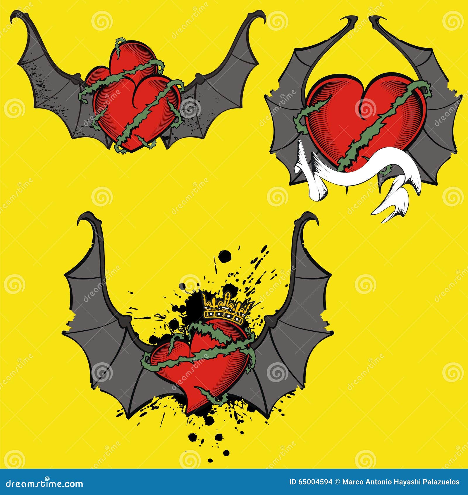 Red Heart Winged Bat Tattoo Set Crown6 Stock Illustration ...