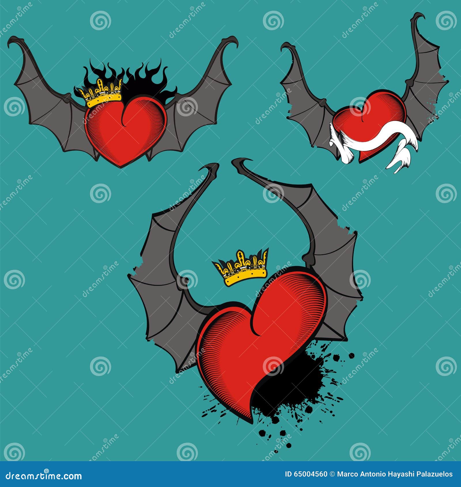 Red Heart Winged Bat Tattoo Set Crown Stock Vector - Illustration of ...