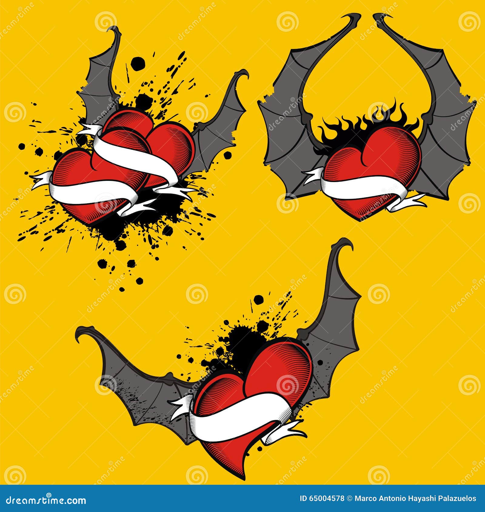 Red Heart Winged Bat Tattoo Set Flames5 Stock Vector - Illustration of ...