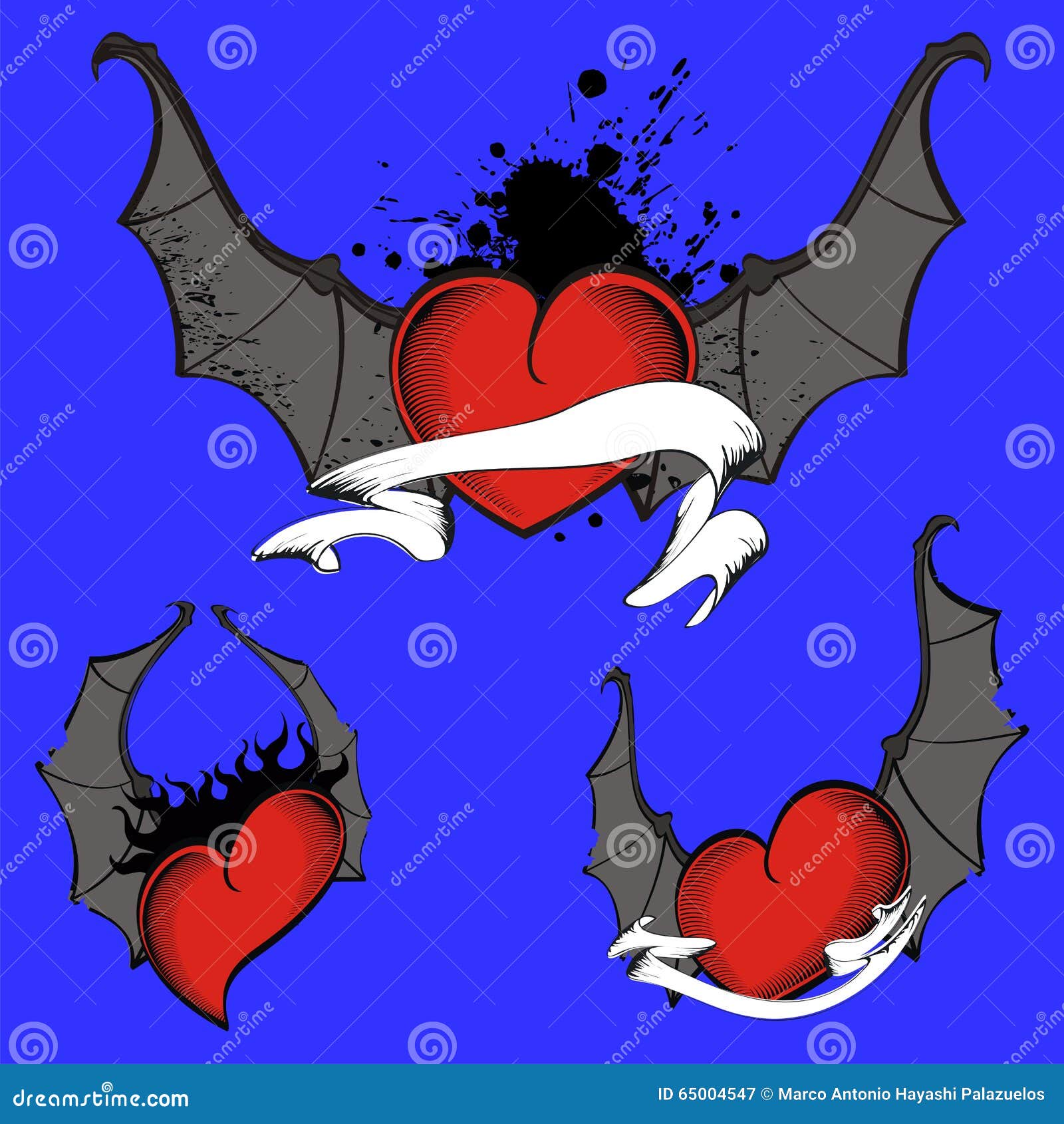 Red Heart Winged Bat Tattoo Set Stock Illustration - Illustration of ...