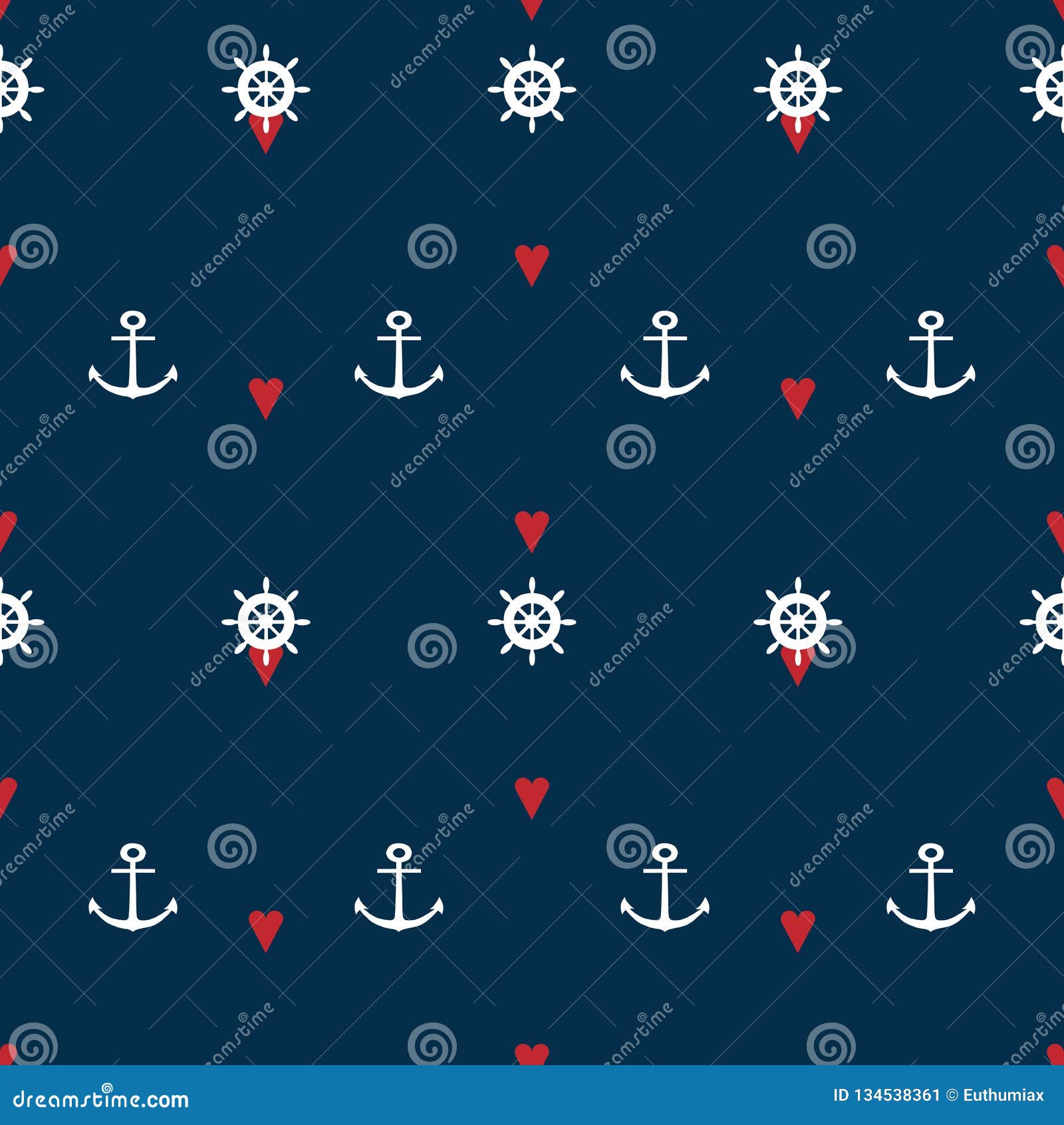 Red Hearts Wheels and Anchors on Navy Blue Background Vector Seamless ...
