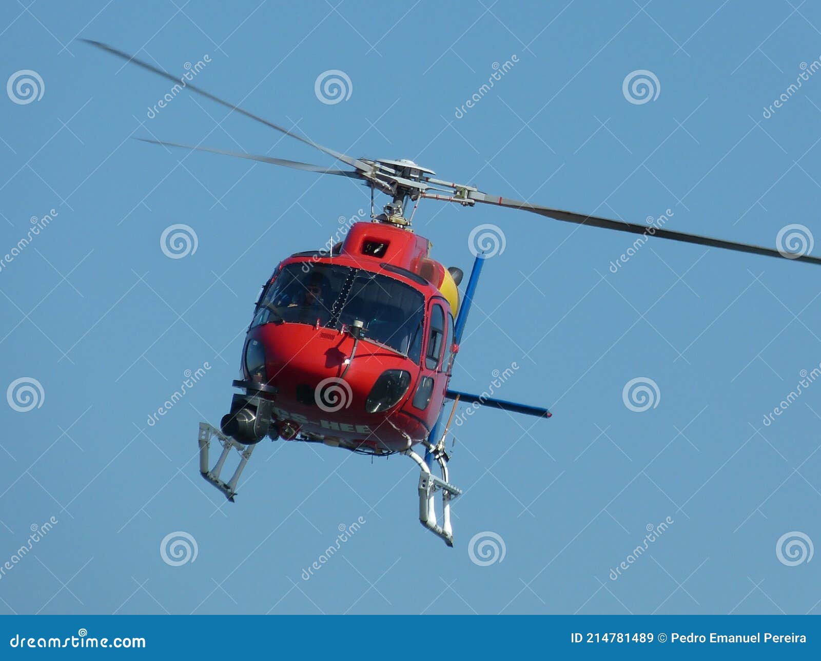 Red Helicopter in Flight with Blue Sky Background Stock Image - Image ...