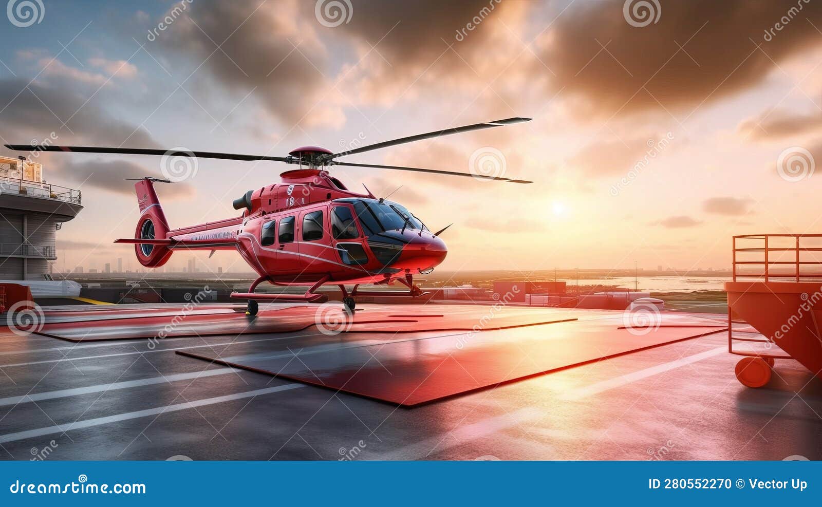 A Red Helicopter on a Helipad with Sun Rays. Air Medic. Generative AI ...