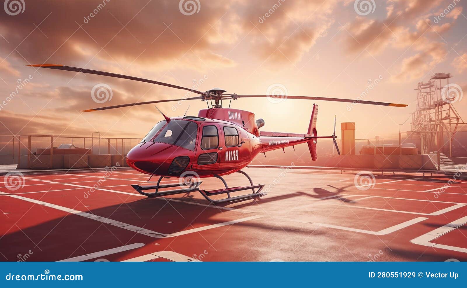 A Red Helicopter on a Helipad with Sun Rays. Generative AI. Stock ...