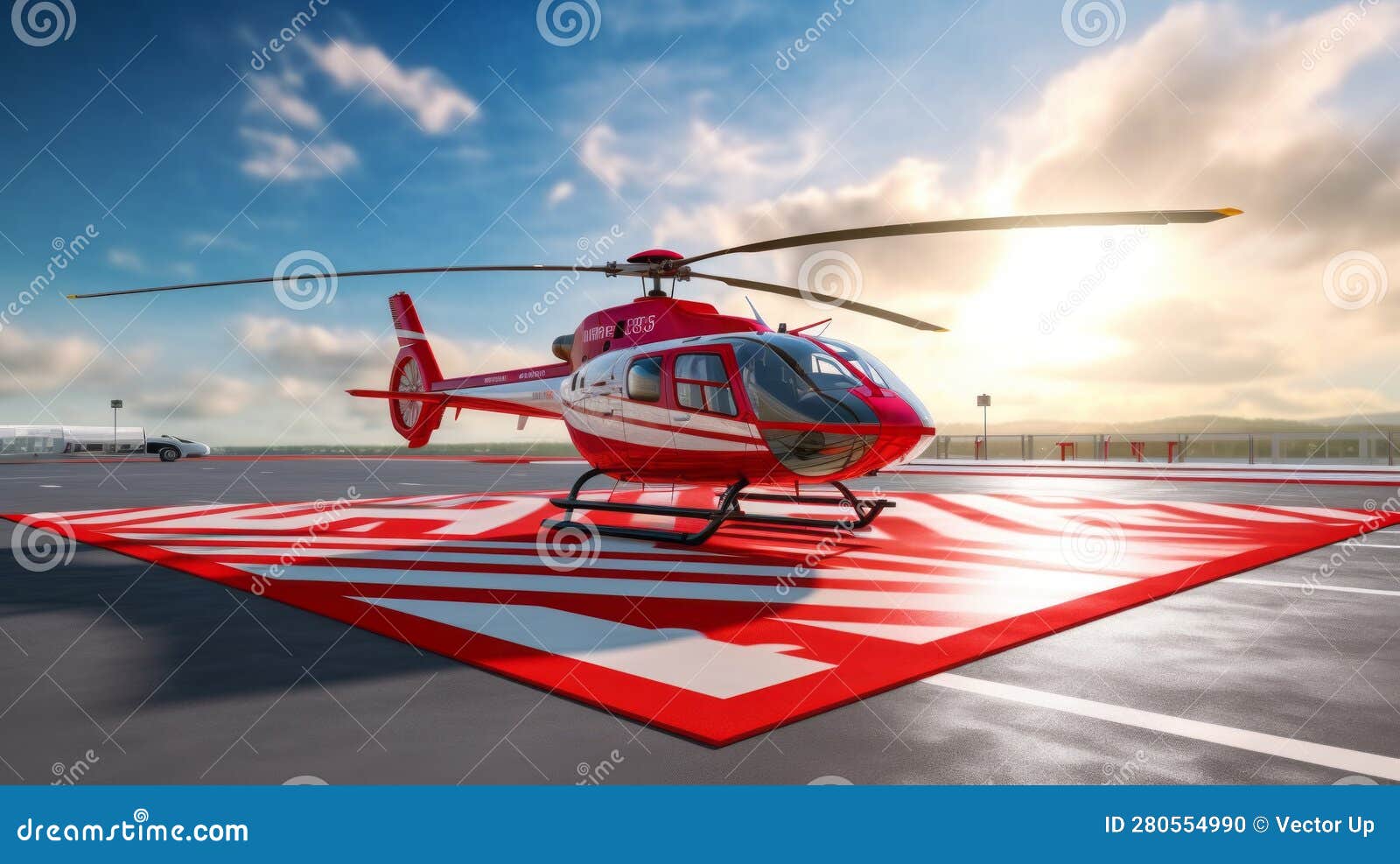 A Red Helicopter On A Helipad With Sun Rays. Generative AI. Stock Photo ...