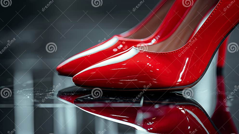 Red High Heels on a Glossy Surface Reflecting Beneath. Stock Image ...