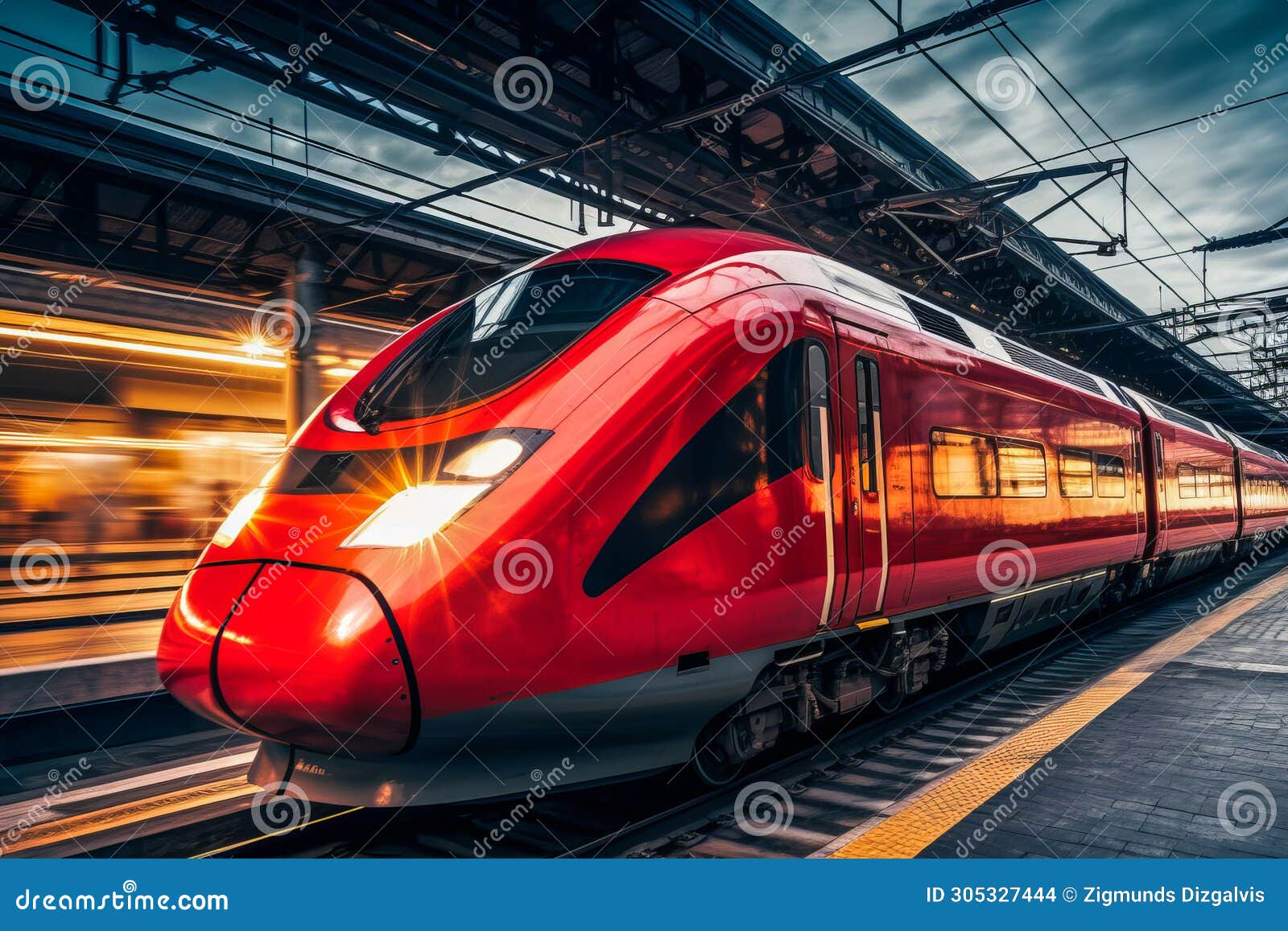 Red High Speed Train in Motion on the Railway Station at Sunset Stock ...