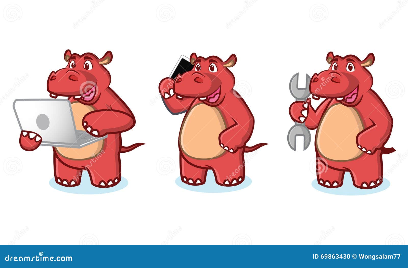 Red Hippo with laptop stock vector. Illustration of happy - 69863430