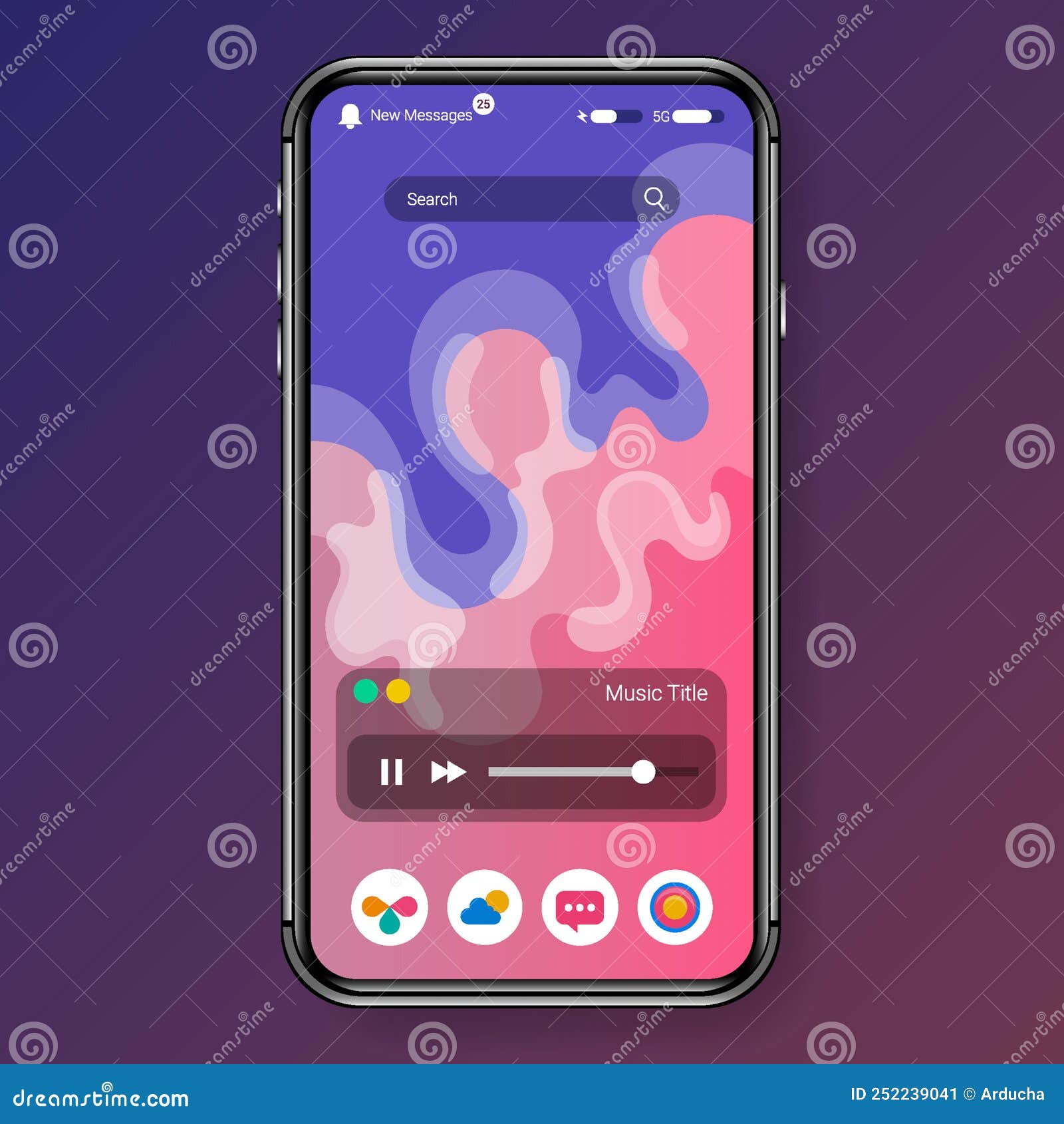Red Home Screen Mode User Interface Realistic Mobile App Design Stock ...