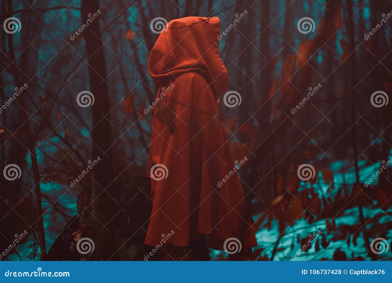 Red Hooded Figure in Magical Forest Stock Photo - Image of mist ...