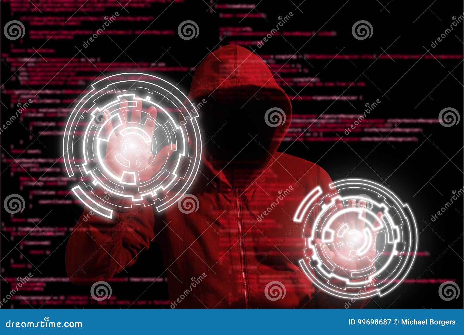 Red Hooded Hacker Infiltrating a Computer by Circular Controls Stock ...