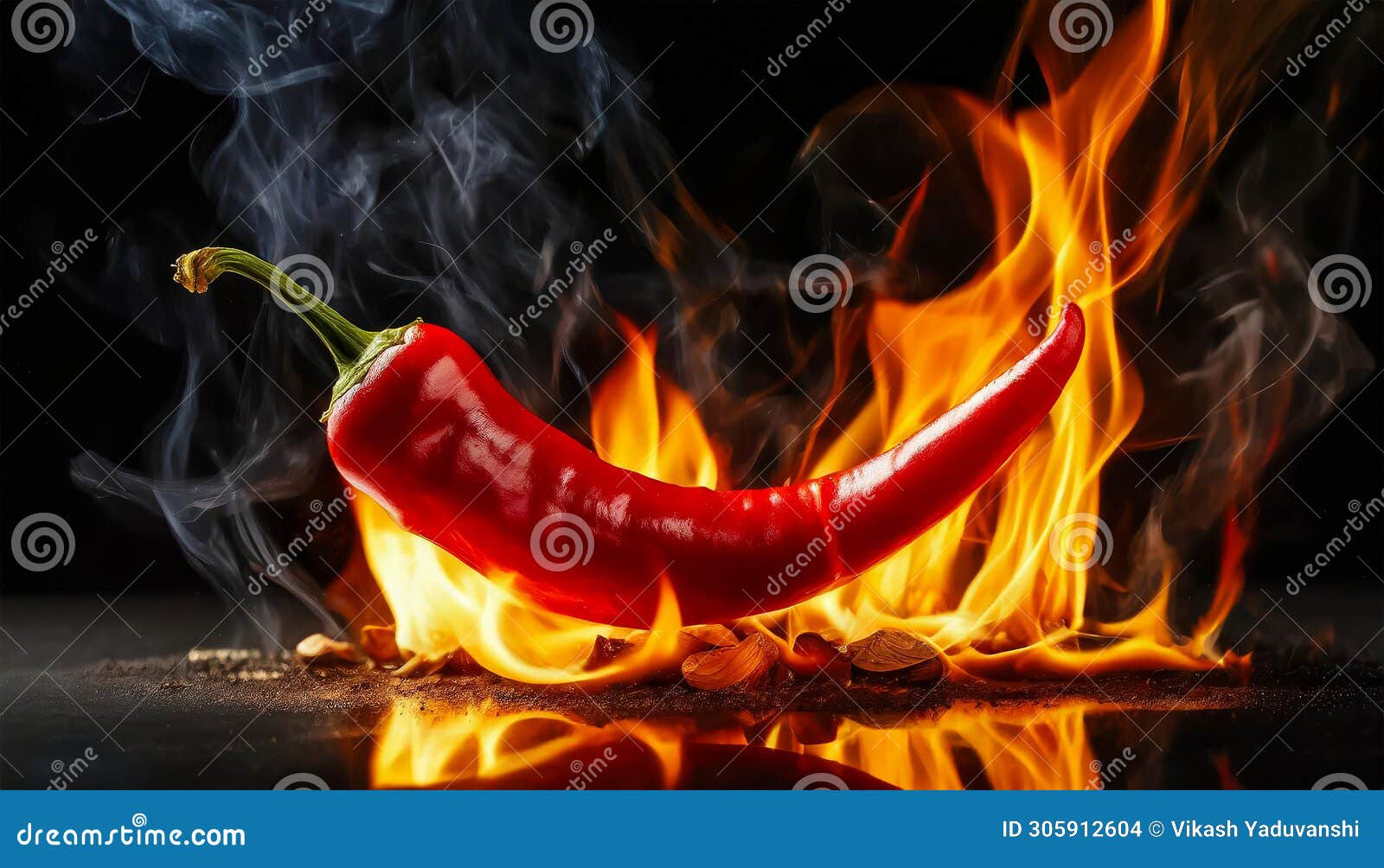 Red Hot Chilli Pepper in Fire on Dark Black Background Stock ...