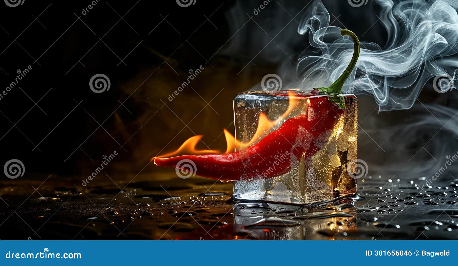 Red Hot Chilli Pepper In Flames Embedded In A Frozen Ice Cube On A Dark ...