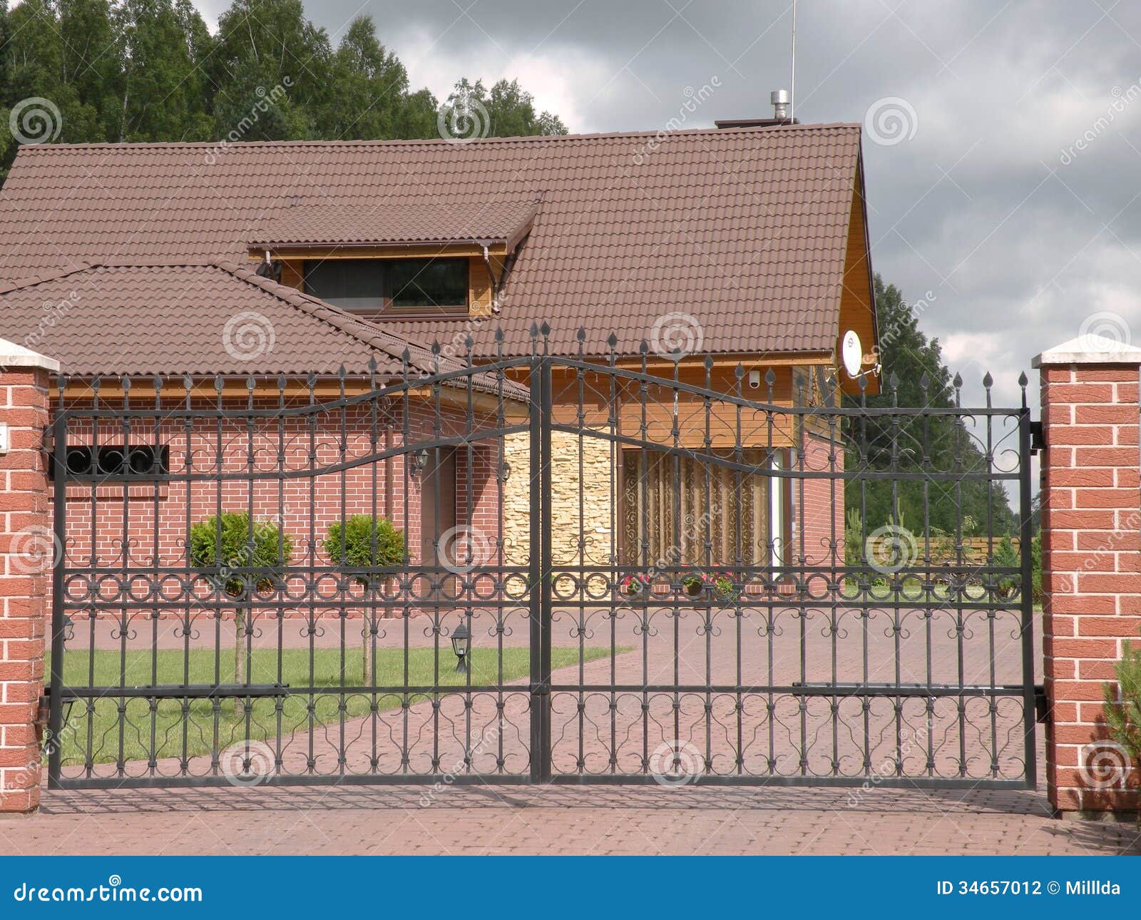 Red house and gate stock photo. Image of artistic, europe - 34657012