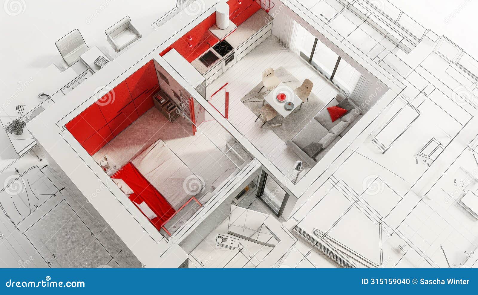 Red-Hued Studio: Constructivist Interior Sketch Stock Photo - Image of ...