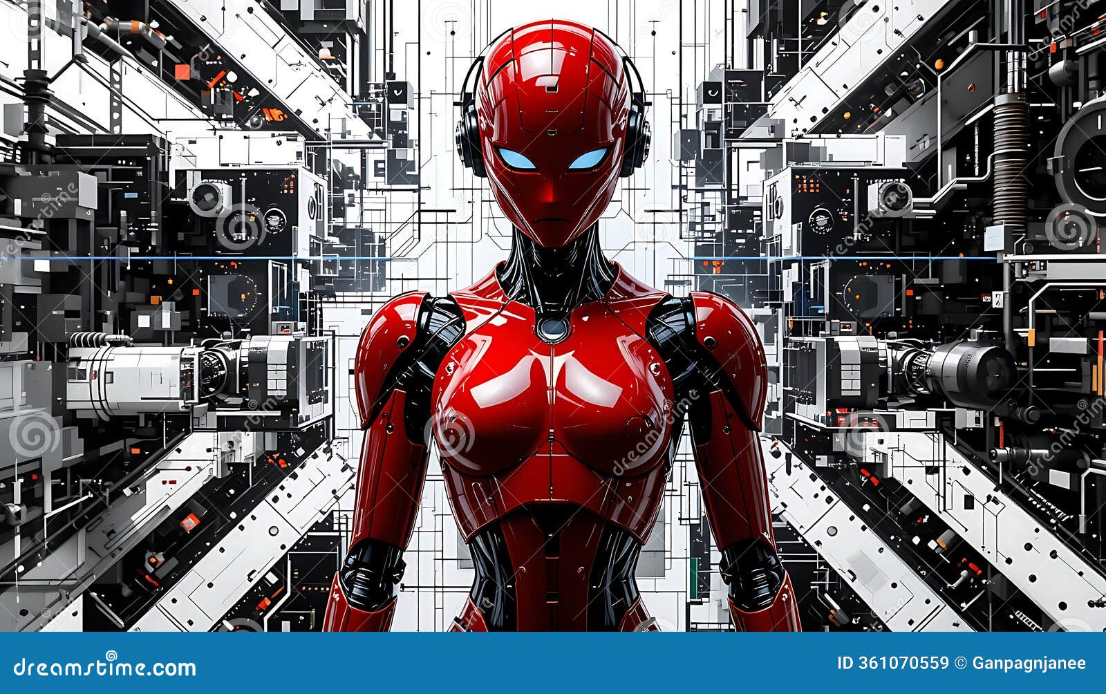 Red Humanoid Robots in Black, White Abstract Tecnology Background. AI ...
