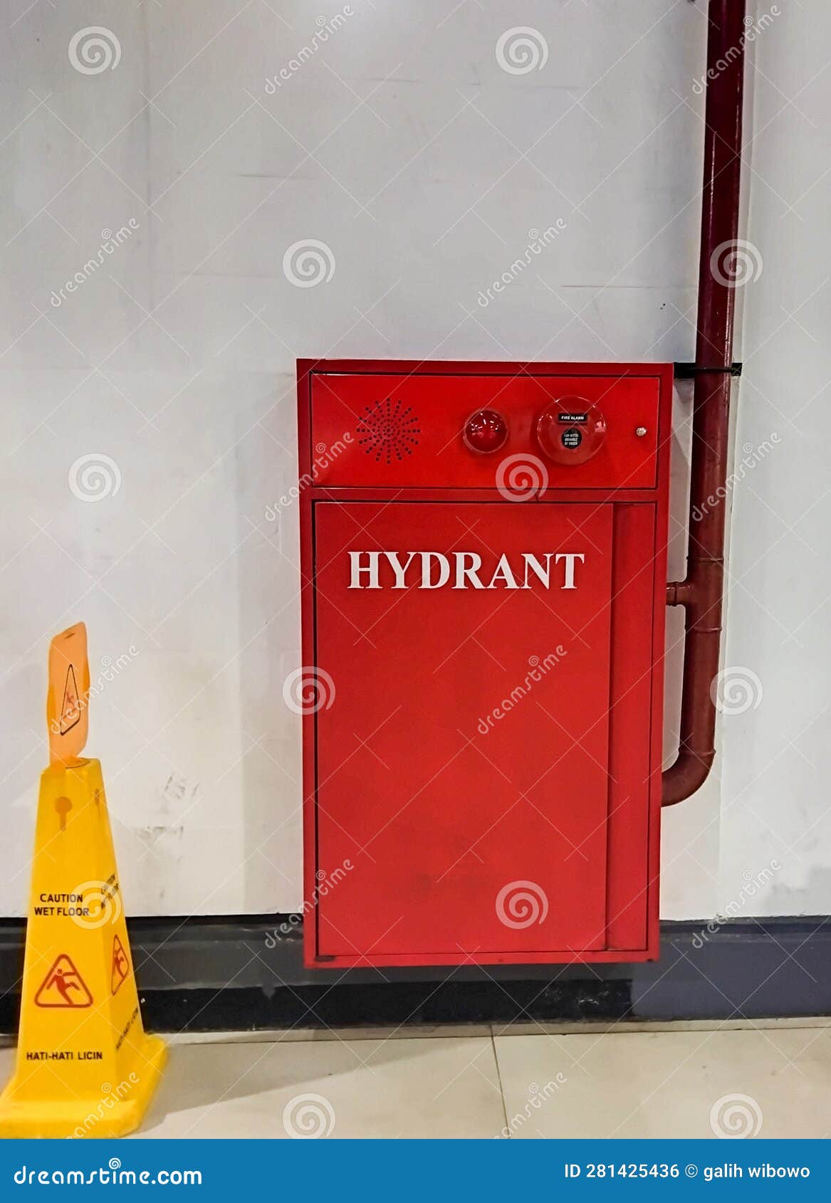 Red Hydrant Box and Warning Sign Stock Photo - Image of textile, banner ...