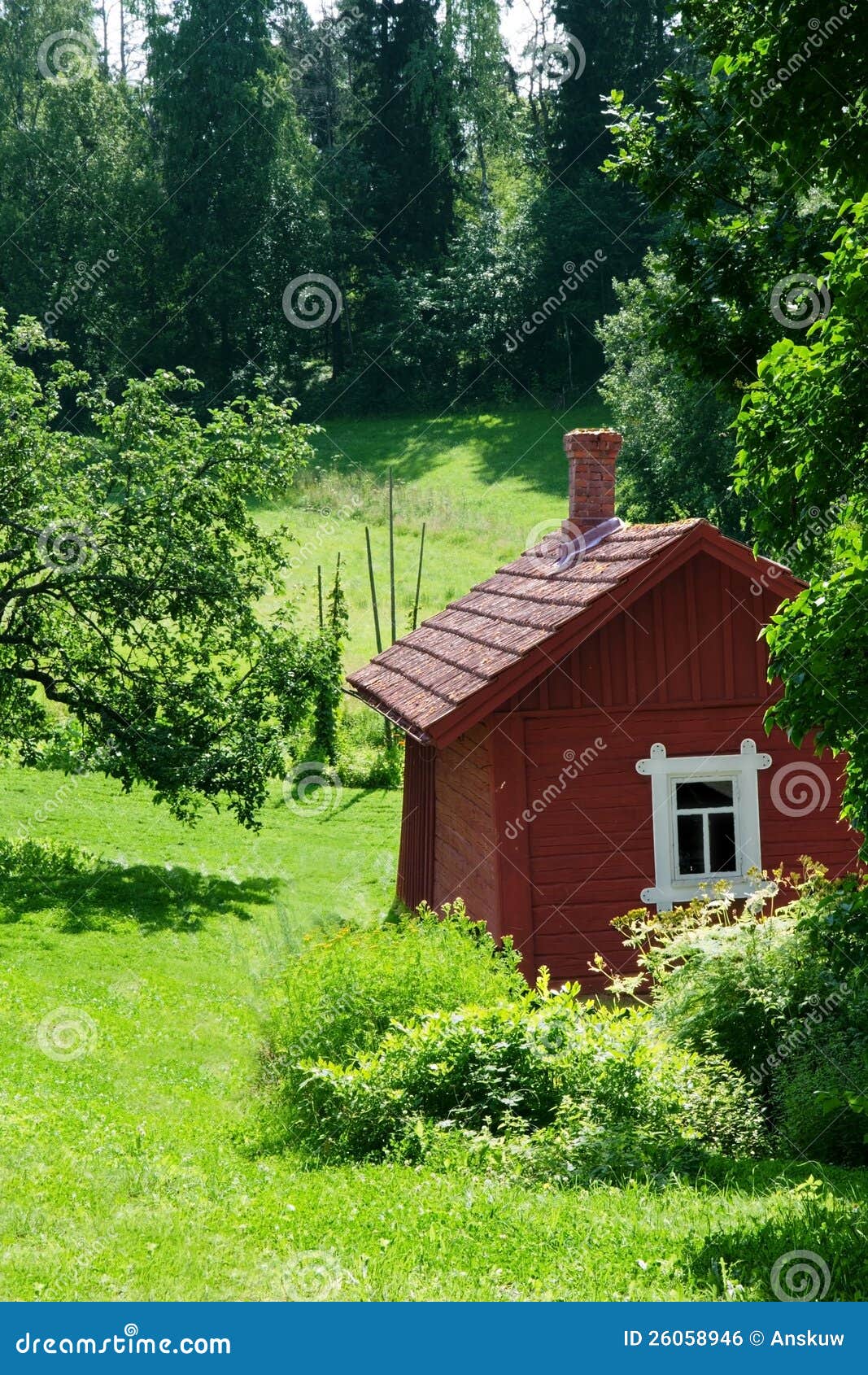 Red Idyllic Cottage in Summer Landscape Stock Photo - Image of garden ...