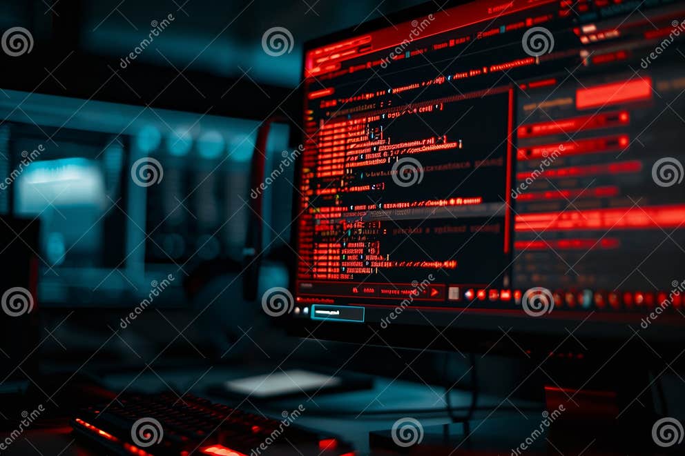 Red Illuminated Coding Screen in Dark Room Stock Photo - Image of challenge, information: 314485086