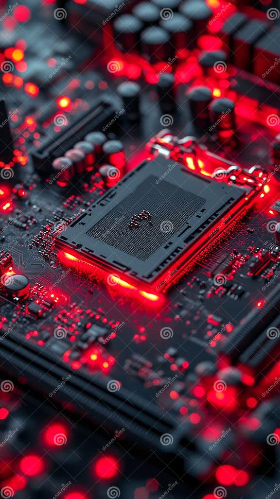 Red Illuminated Microprocessor on Circuit Board Showcasing Advanced ...