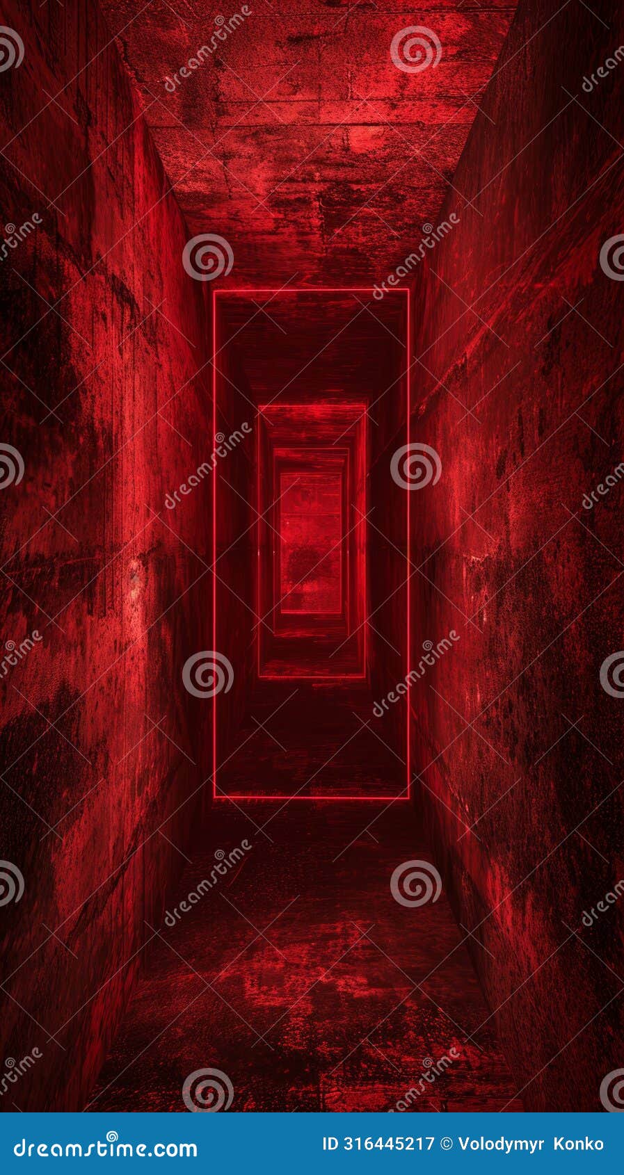 Red Illuminated Narrow Corridor in a Dark Grungy Building Stock Image ...