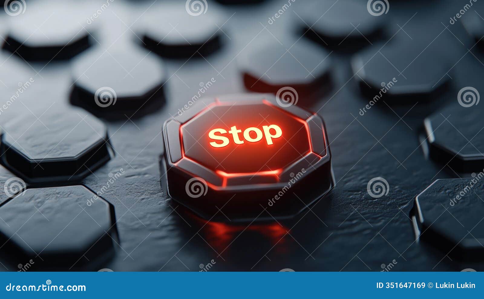 Red Illuminated 'Stop' Button On Dark Hexagon Surface Royalty-Free ...